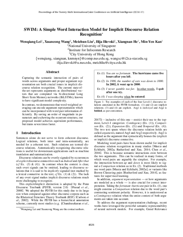 (PDF) SWIM: A Simple Word Interaction Model for Implicit Discourse Relation Recognition