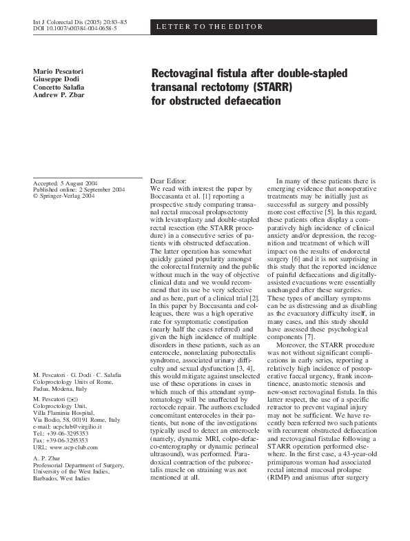 (PDF) Rectovaginal fistula after double-stapled transanal rectotomy ...