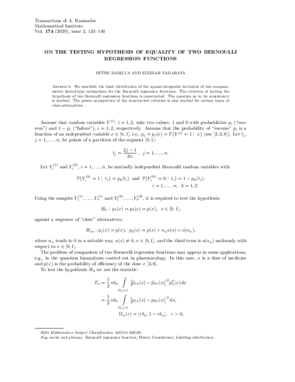 Pdf On Testing The Hypothesis Of Equality Of Two Bernoulli Regression Functions