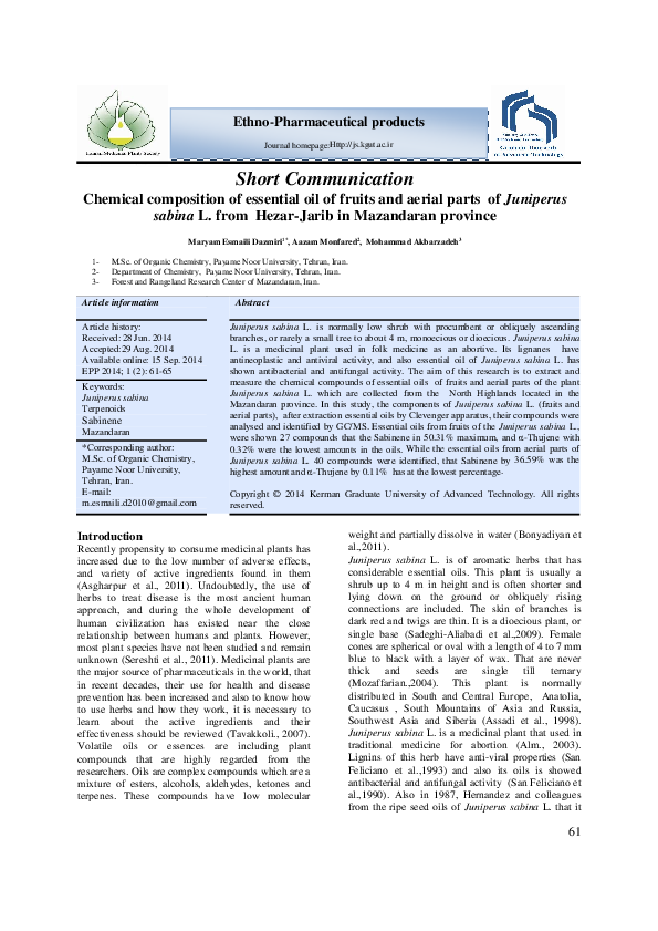 (PDF) Chemical composition of essential oil of fruits and aerial parts of Juniperus sabina L ...