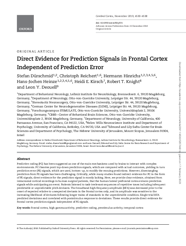 (PDF) Direct Evidence for Prediction Signals in Frontal Cortex ...