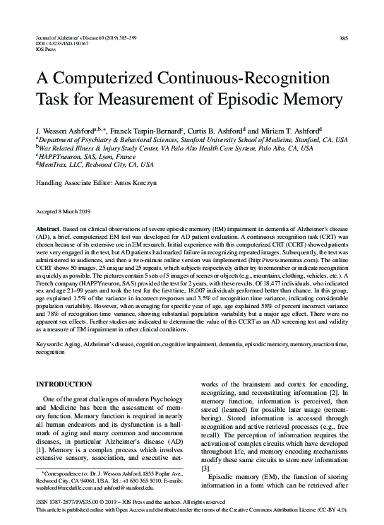 (PDF) A Computerized Continuous-Recognition Task for Measurement of Episodic Memory