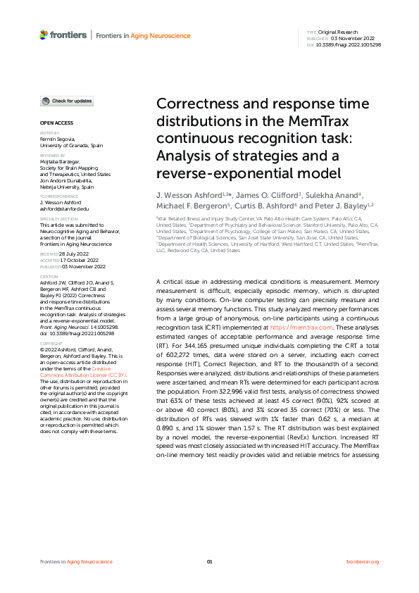 (PDF) Correctness and response time distributions in the MemTrax continuous recognition task ...