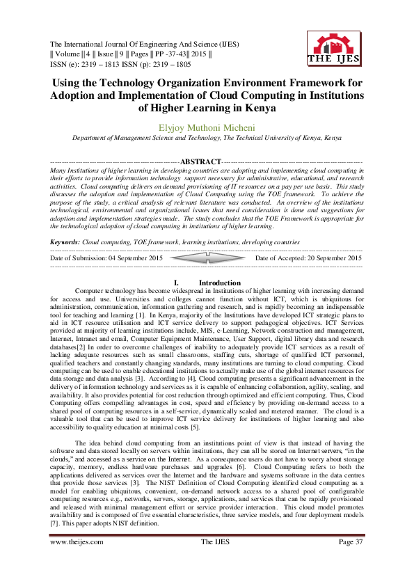 (PDF) Using the Technology Organization Environment Framework for Adoption and Implementation of ...