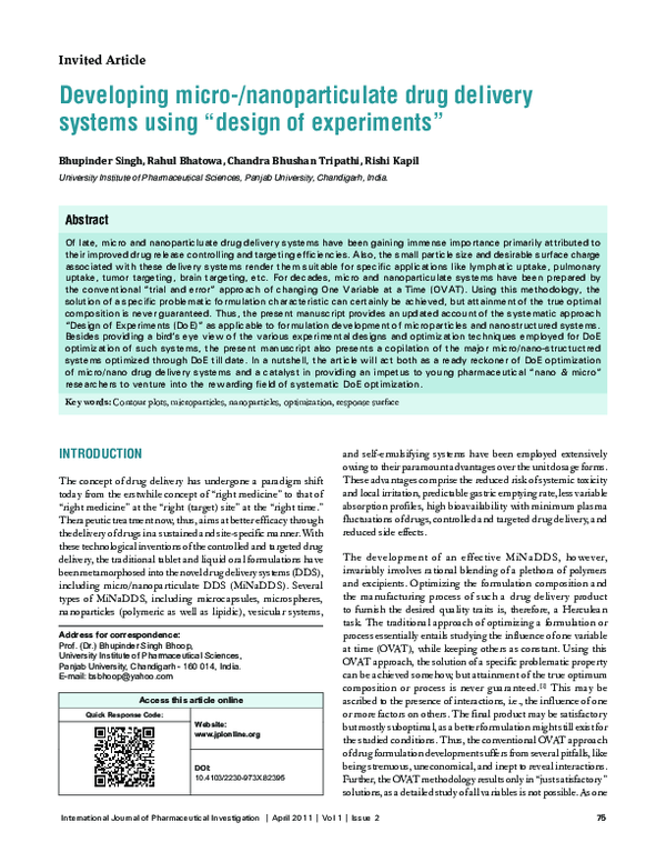 (PDF) Developing micro-/nanoparticulate drug delivery systems using "design of experiments