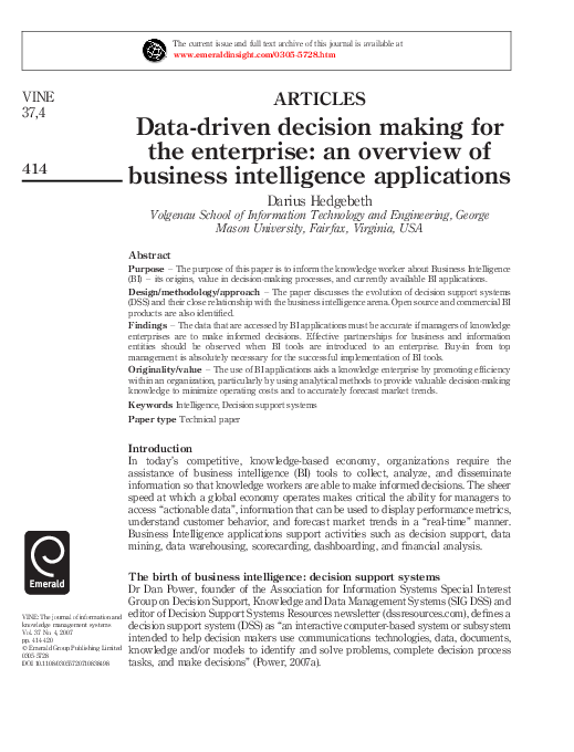 (PDF) Data-driven decision making for the enterprise: an overview of business intelligence ...