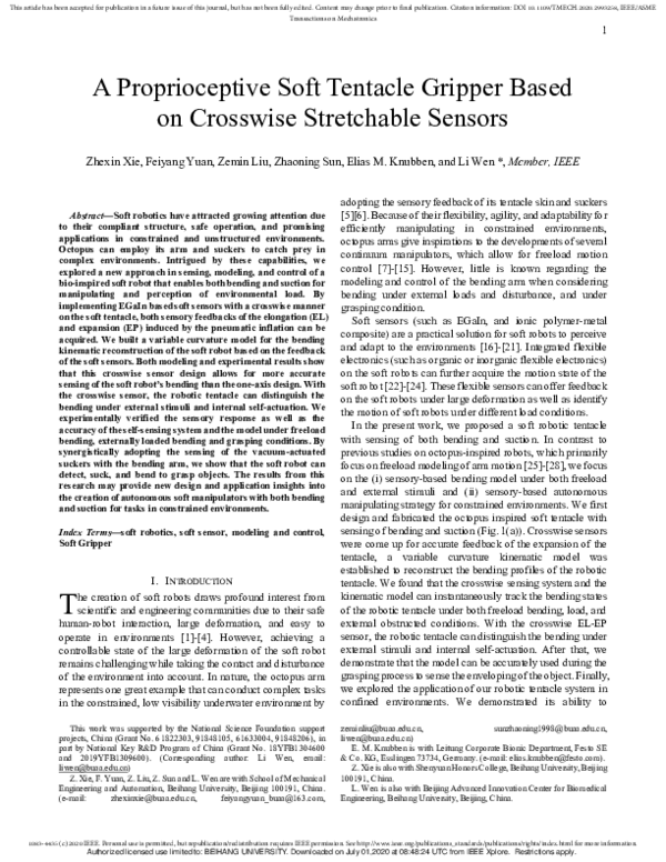 (PDF) A Proprioceptive Soft Tentacle Gripper Based on Crosswise Stretchable Sensors