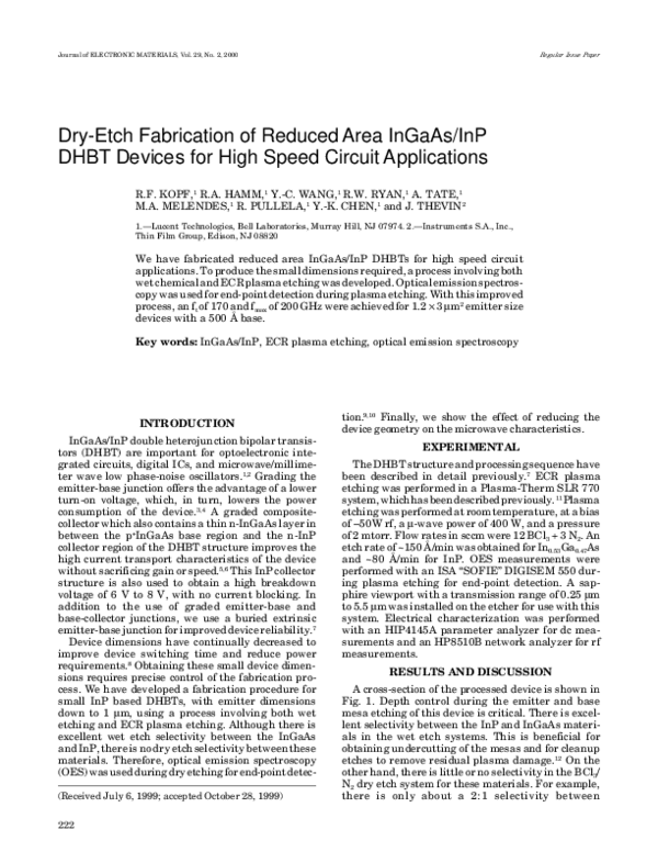 (PDF) Dry-etch fabrication of reduced area InGaAs/InP DHBT devices for high speed circuit ...