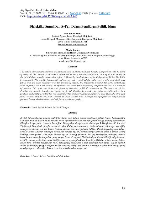 (PDF) Dialektika Sunni dan Syi’ah Dalam Pemikiran Politik Islam | Miftakhur Ridlo - Academia.edu