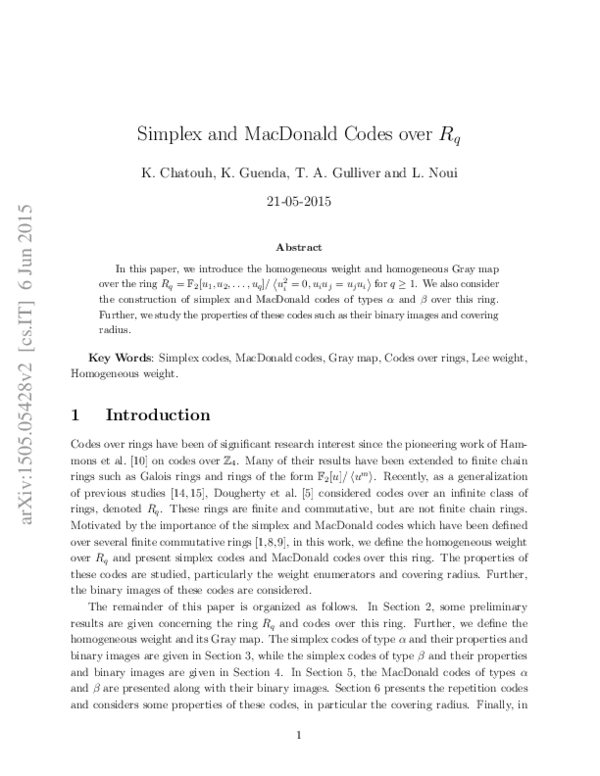 (PDF) Simplex and MacDonald Codes over R q
