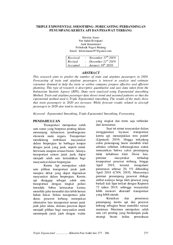 (PDF) Triple Exponential Smoothing: Forecasting Perbandingan Penumpang Kereta Api Dan Pesawat ...
