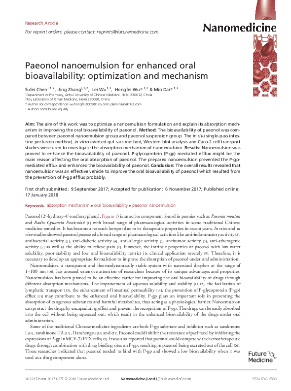 (PDF) Paeonol nanoemulsion for enhanced oral bioavailability: optimization and mechanism
