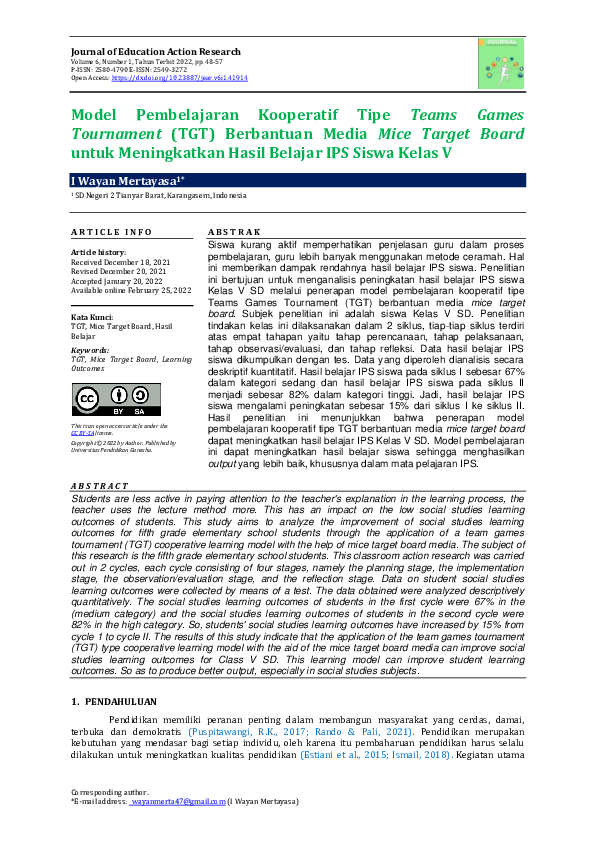 (PDF) Model Pembelajaran Kooperatif Tipe Teams Games Tournament (TGT) Berbantuan Media Mice ...