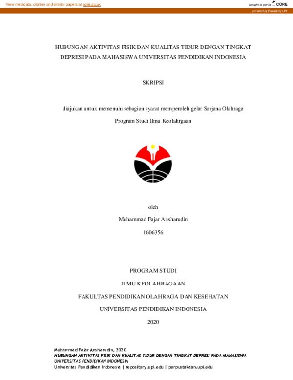 (PDF) Hubungan Aktivitas Fisik Dan Kualitas Tidur Dengan Tingkat Depresi Pada Mahasiswa ...