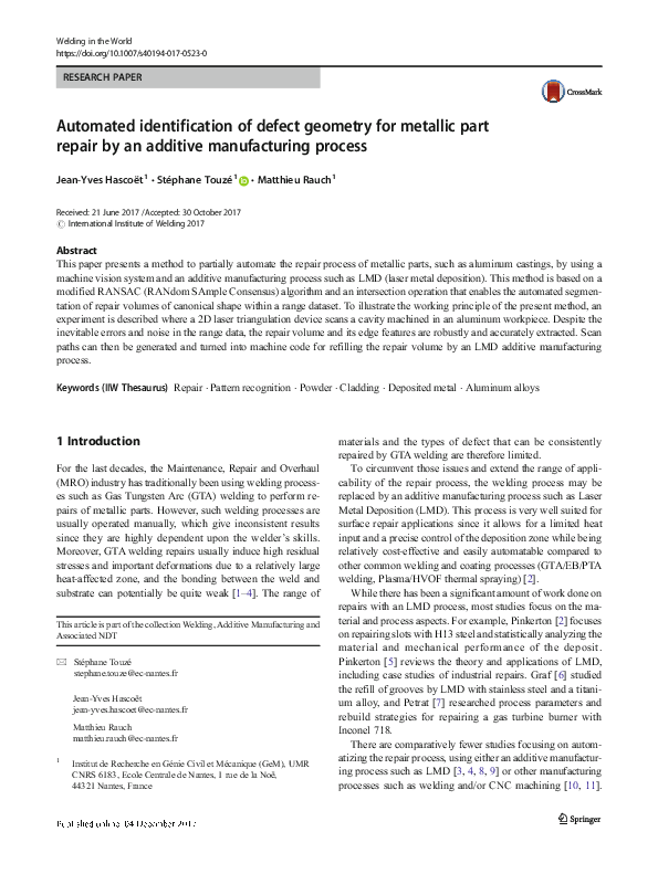 (PDF) Automated identification of defect geometry for metallic part repair by an additive ...
