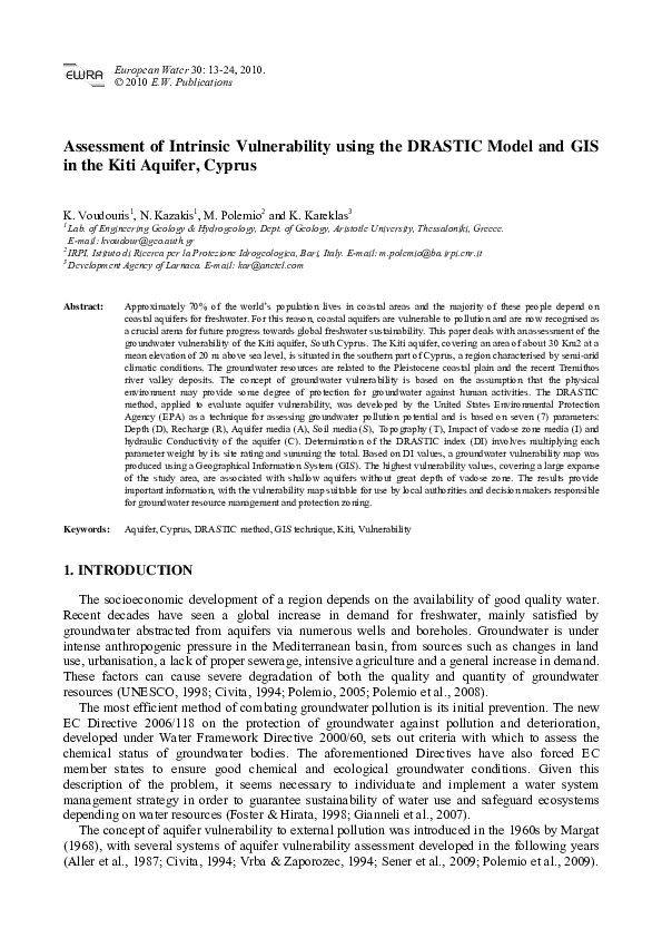 Pdf Assessment Of Intrinsic Vulnerability Using Drastic Model And Gis In Kiti Aquifer Cyprus