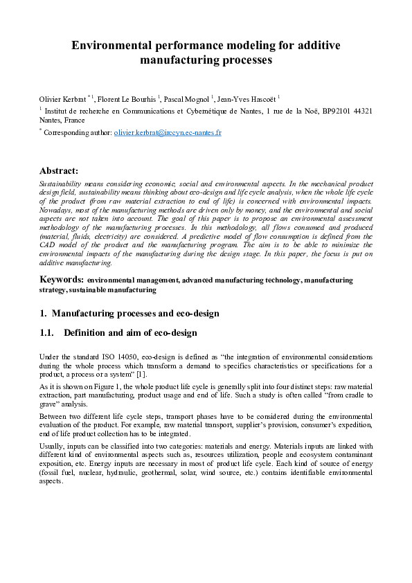 (PDF) Environmental performance modeling for additive manufacturing processes