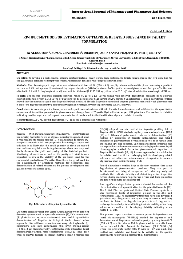 Pdf Rp Hplc Method For Estimation Of Tiapride Related Substance In Tablet Formulation