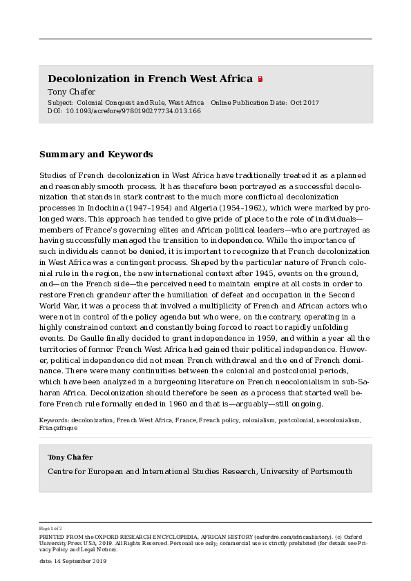 (PDF) Decolonization in French West Africa