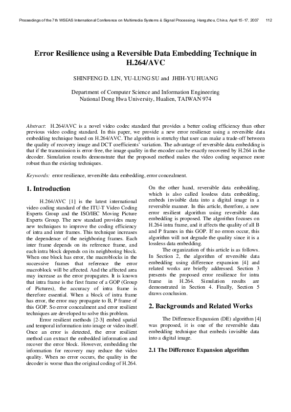Pdf Error Resilience Using A Reversible Data Embedding Technique In H264avc
