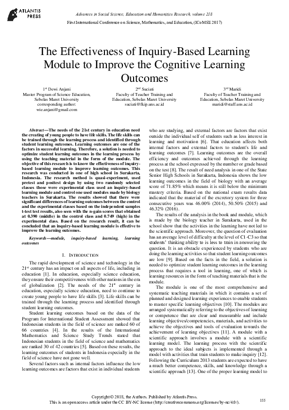 (PDF) The Effectiveness of Inquiry-Based Learning Module to Improve the ...