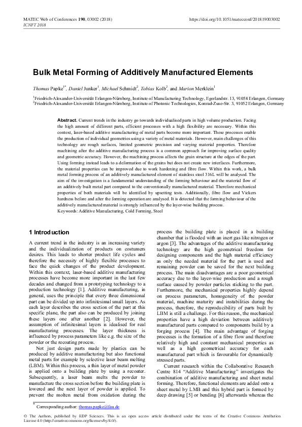 (PDF) Bulk Metal Forming of Additively Manufactured Elements