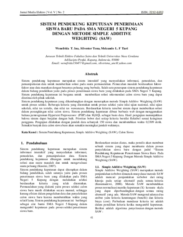 (PDF) Sistem Pendukung Keputusan Penerimaan Siswa Baru Pada Sma Negeri 5 Kupang Dengan Metode ...