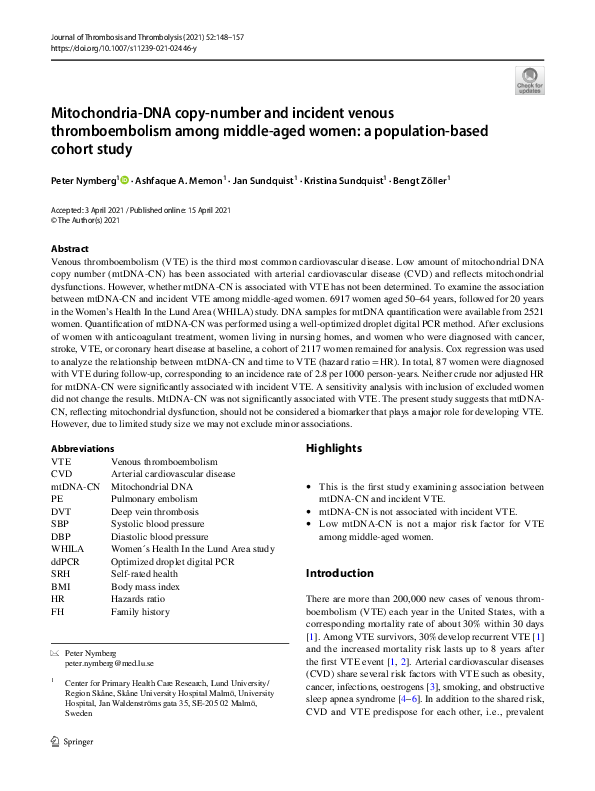 (PDF) Mitochondria-DNA copy-number and incident venous thromboembolism ...