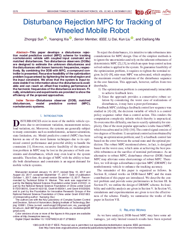 (PDF) Disturbance Rejection MPC for Tracking of Wheeled Mobile Robot