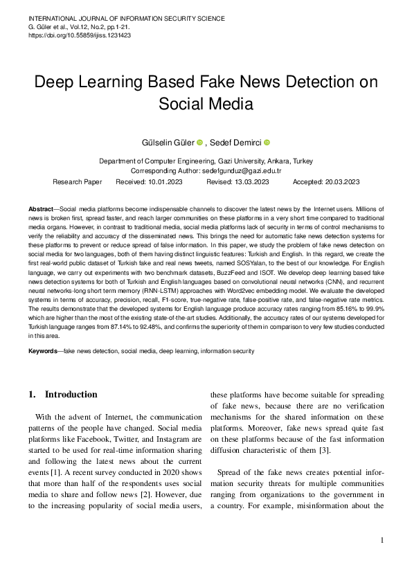 (PDF) Deep Learning Based Fake News Detection on Social Media