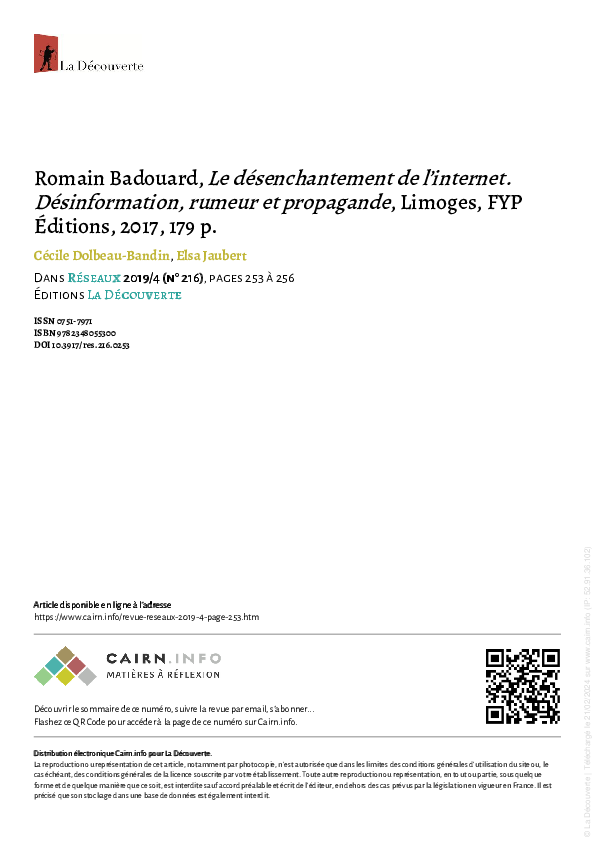 (PDF) Romain Badouard, Le désenchantement de l’internet. Désinformation ...