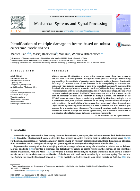 (PDF) Identification of multiple damage in beams based on robust curvature mode shapes