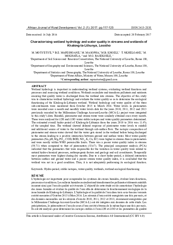 (PDF) Characterising wetland hydrology and water quality in streams and ...