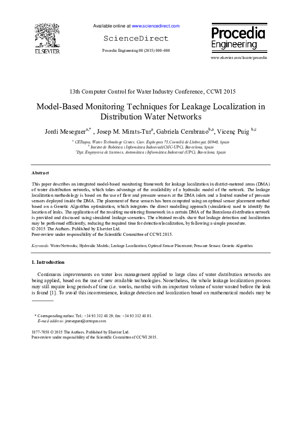 Pdf Model Based Monitoring Techniques For Leakage Localization In Distribution Water Networks