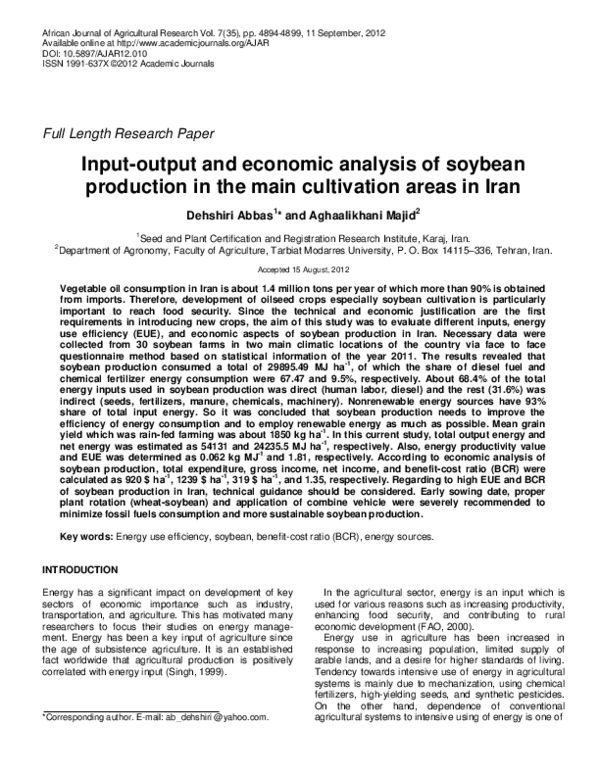 (PDF) Input-output and economic analysis of soybean production in the main cultivation areas in Iran