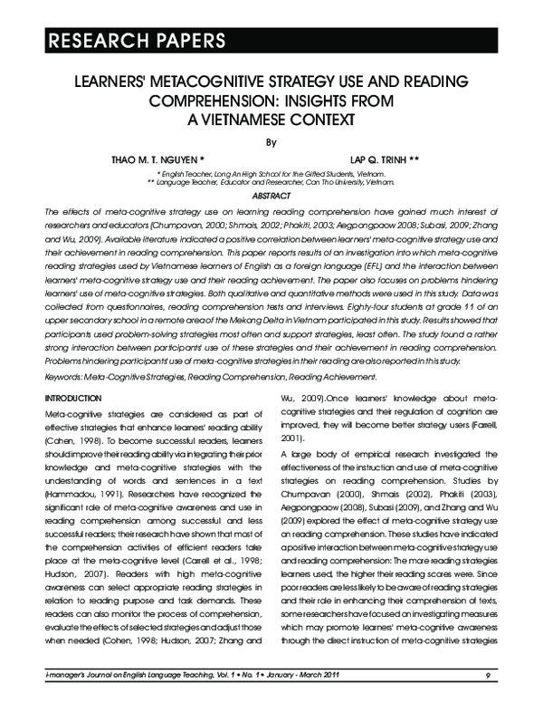 (PDF) Learners' Metacognitive Strategy Use And Reading Comprehension ...
