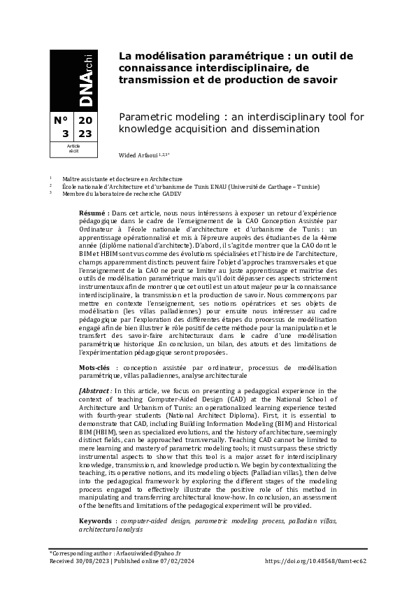 (PDF) La modélisation paramétrique : un outil de connaissance interdisciplinaire, de ...