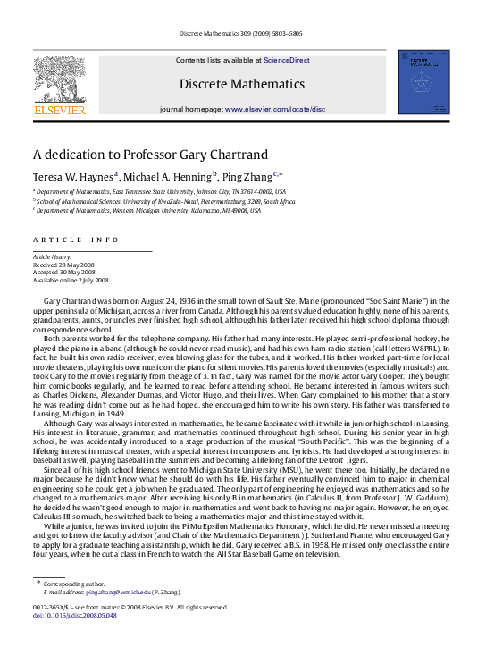 (PDF) A dedication to Professor Gary Chartrand