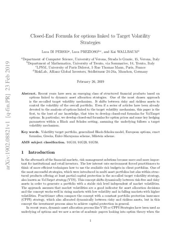 (PDF) Closed-End Formula for options linked to Target Volatility Strategies