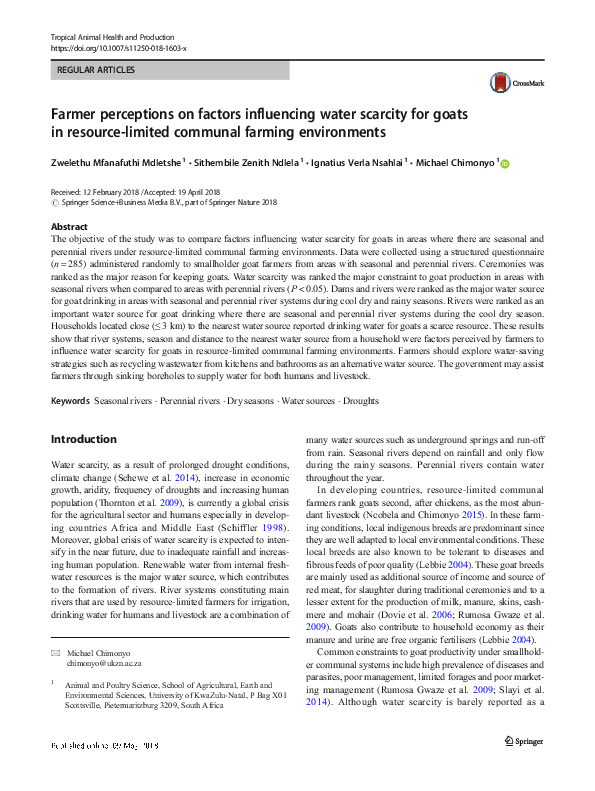 (PDF) Farmer perceptions on factors influencing water scarcity for goats in resource-limited ...