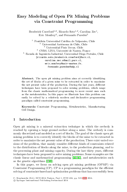 Pdf Easy Modeling Of Open Pit Mining Problems Via Constraint Programming Fernando Paredes C 3570