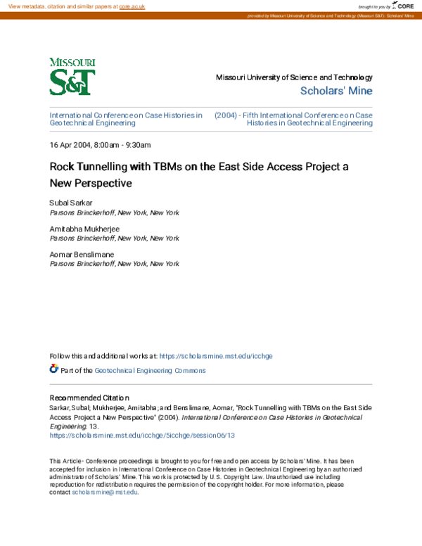 (PDF) Rock Tunnelling With Tbms on the East Side Access Project a New ...