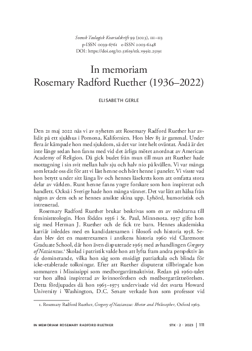 (PDF) In memoriam Rosemary Radford Ruether (1936–2022)