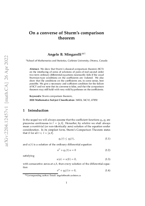 (PDF) On a converse of Sturm's comparison theorem | Angelo B. Mingarelli - Academia.edu