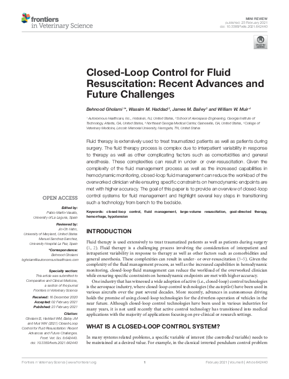 (PDF) Closed-Loop Control for Fluid Resuscitation: Recent Advances and Future Challenges