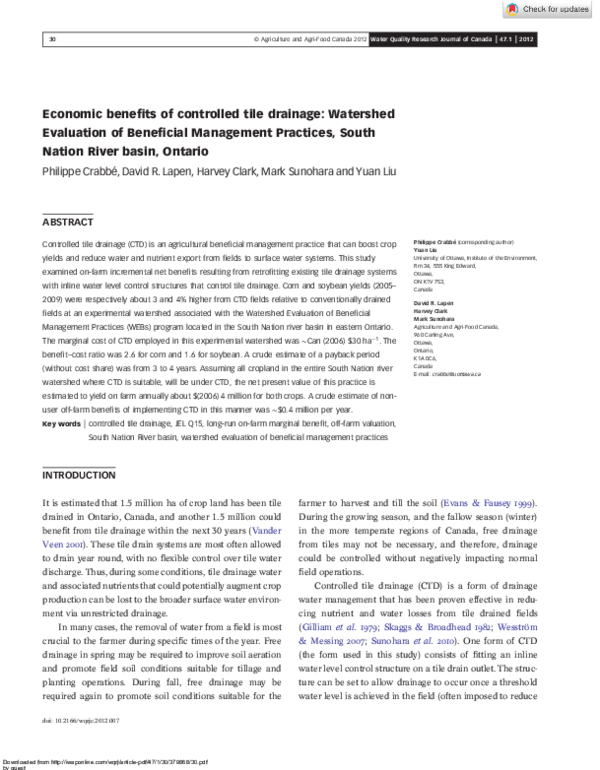 Pdf Economic Benefits Of Controlled Tile Drainage Watershed Evaluation Of Beneficial