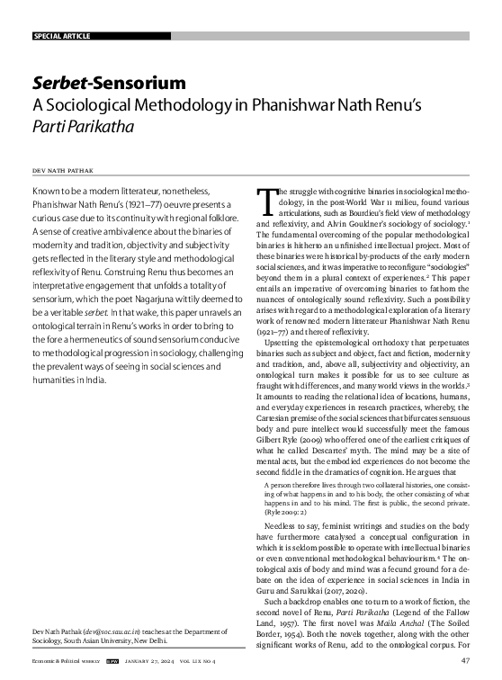 (PDF) Serbet-Sensorium A Sociological Methodology in Phanishwar Nath Renu's Parti Parikatha