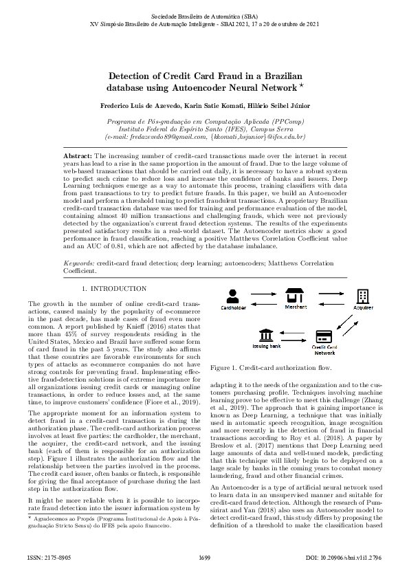 (PDF) Detection of Credit Card Fraud in a Brazilian database using Autoencoder Neural Network