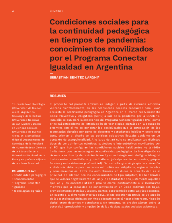 (PDF) Condiciones sociales para la continuidad pedagógica en tiempos de ...