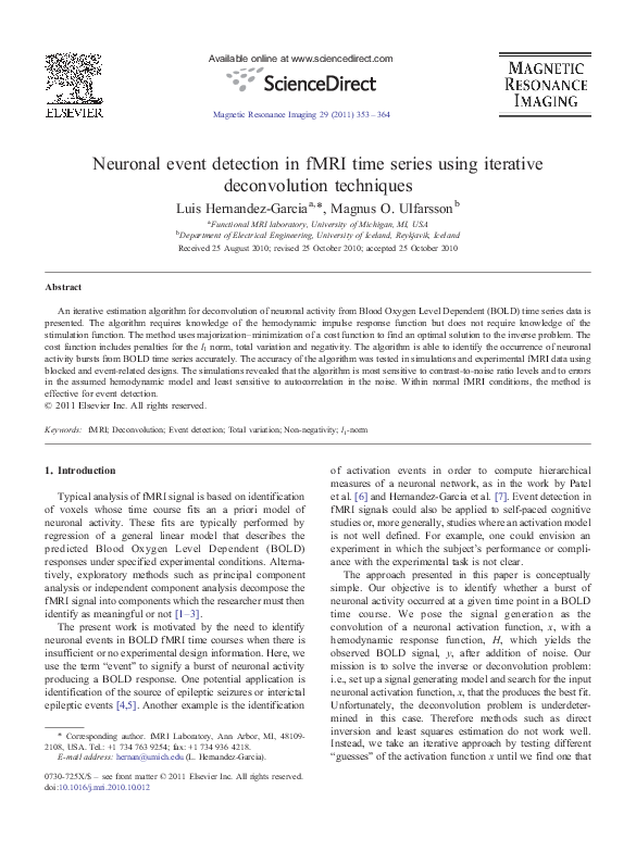 Pdf Neuronal Event Detection In Fmri Time Series Using Iterative Deconvolution Techniques